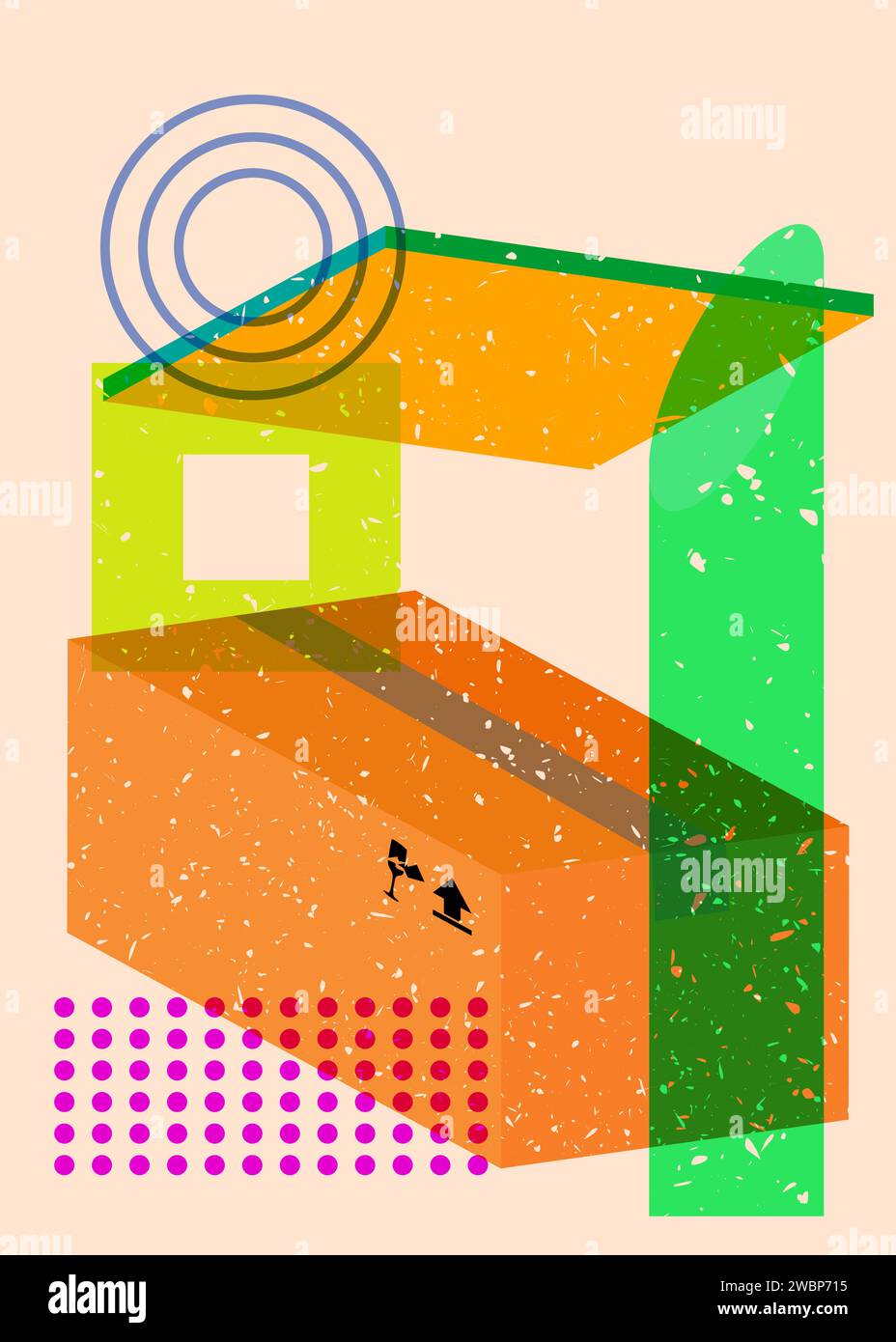 Risograph Cardboard Box with geometric shapes. Objects in trendy riso ...