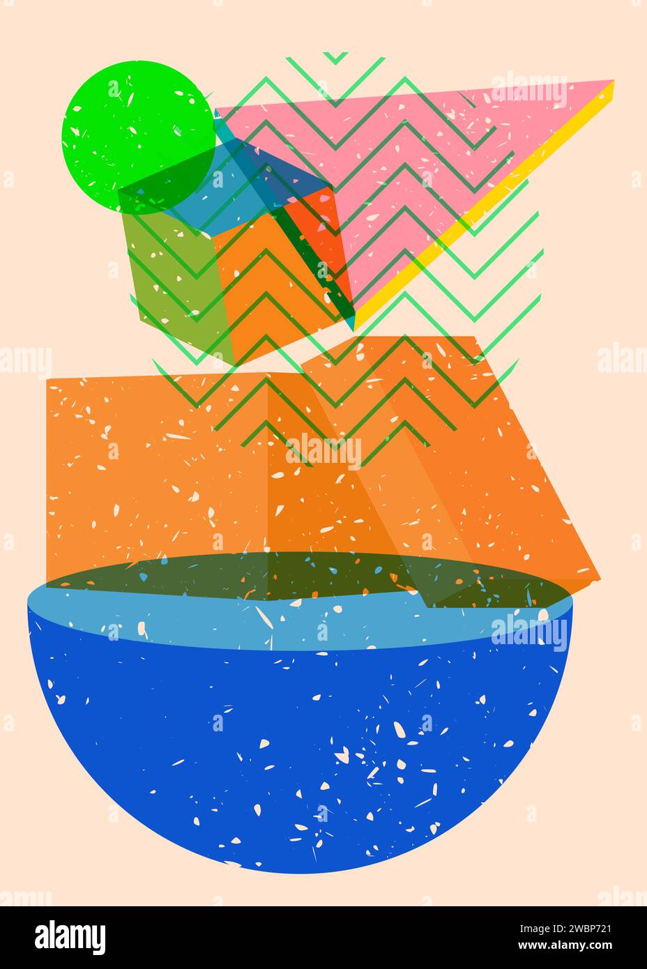 Risograph Cardboard Box with geometric shapes. Objects in trendy riso ...