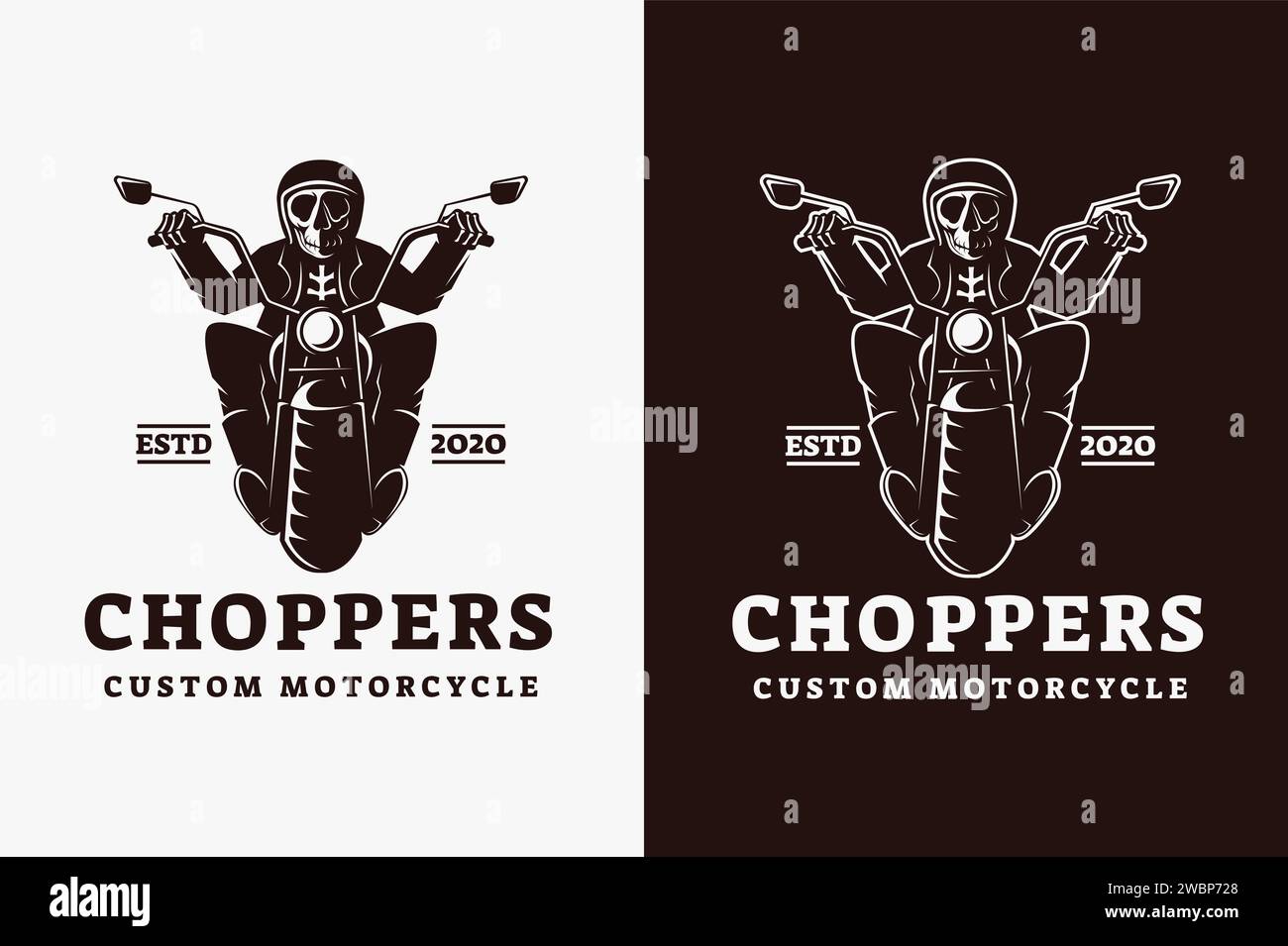 Chopper biker with skeleton skull rider and custom motorcycle logo ...