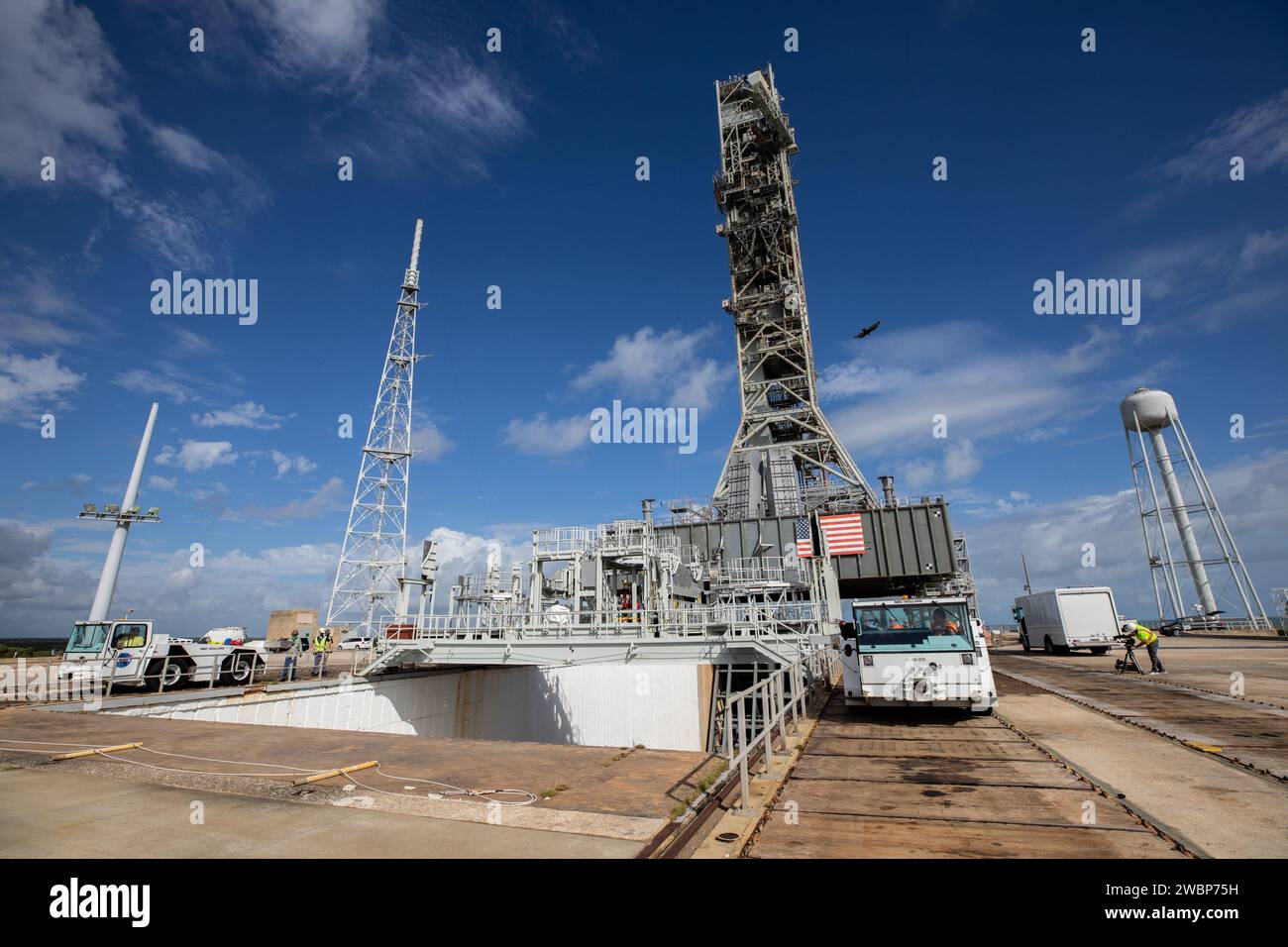 A view of the mobile launcher for the Artemis I mission at Launch Pad ...
