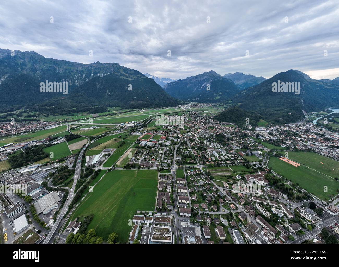 Aerial view of the city of the beautiful city Interlaken in Switzerland ...