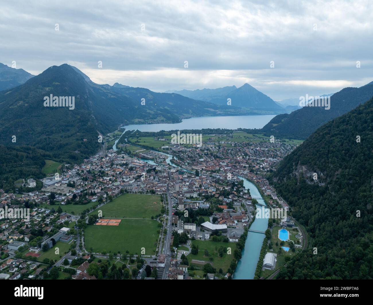 Aerial view of the city of the beautiful city Interlaken in Switzerland ...