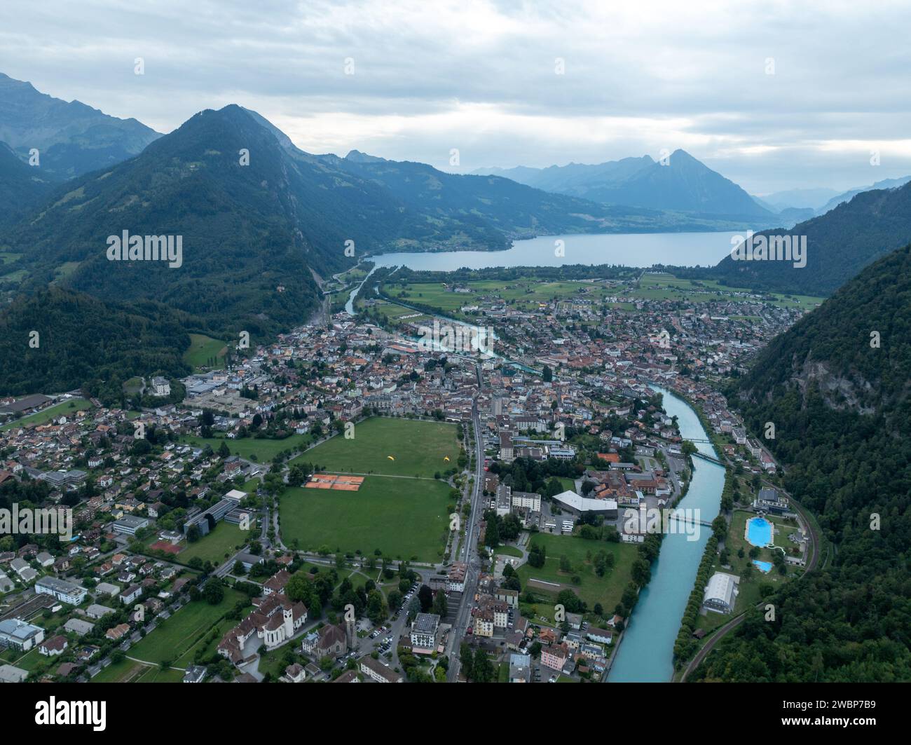 Aerial view of the city of the beautiful city Interlaken in Switzerland ...