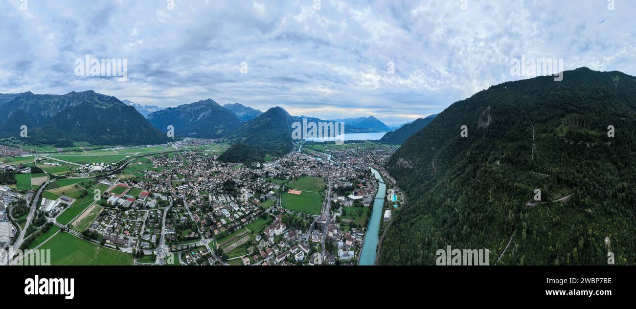 Aerial view of the city of the beautiful city Interlaken in Switzerland ...