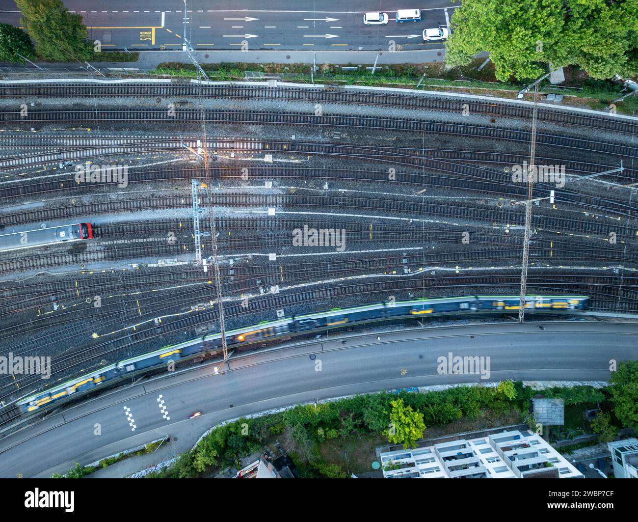 Aerial view of the tracks leading into the Bern Train Station in ...