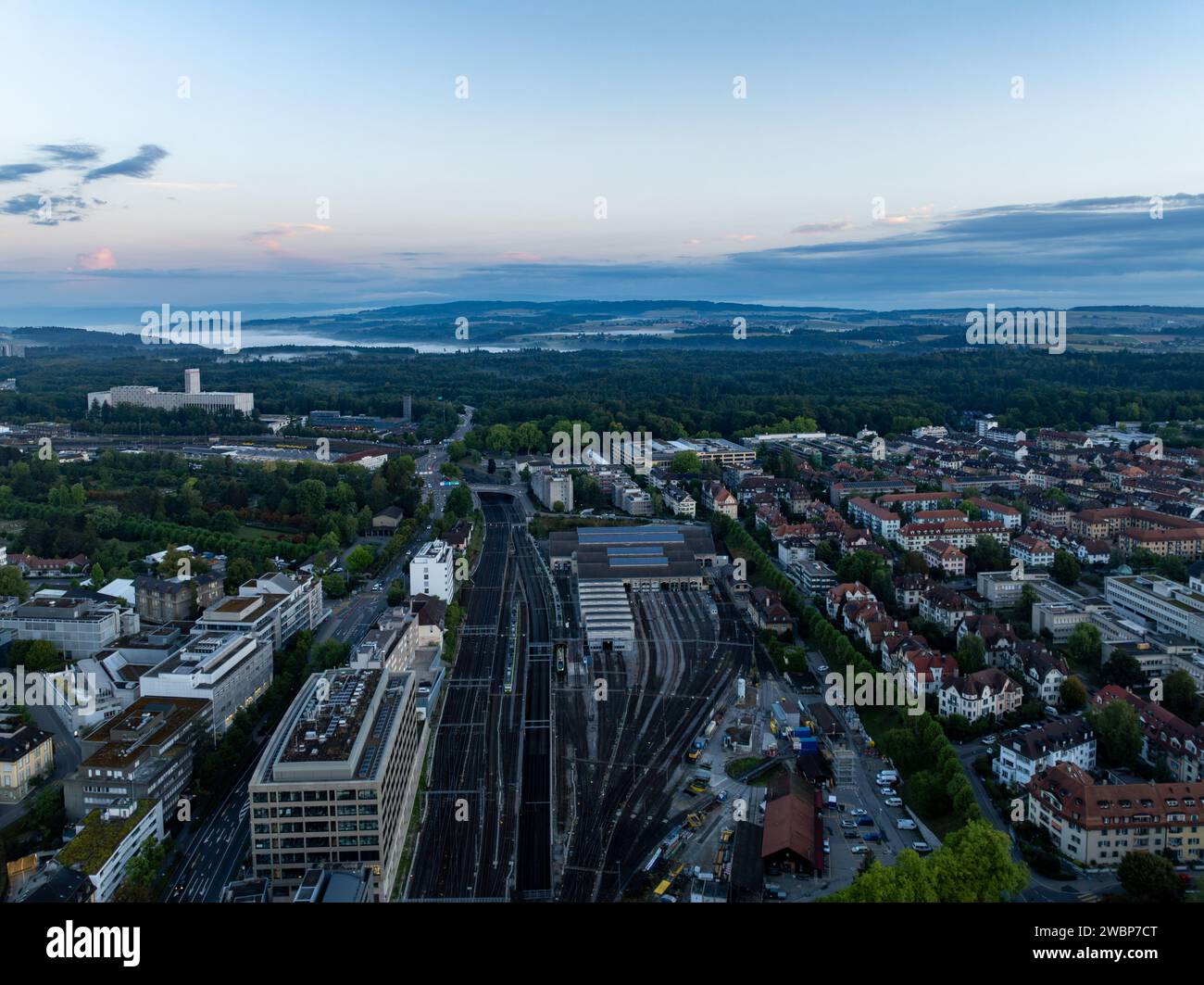 Aerial view of the tracks leading into the Bern Train Station in ...