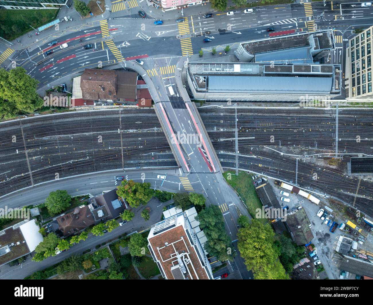 Aerial view of the tracks leading into the Bern Train Station in ...