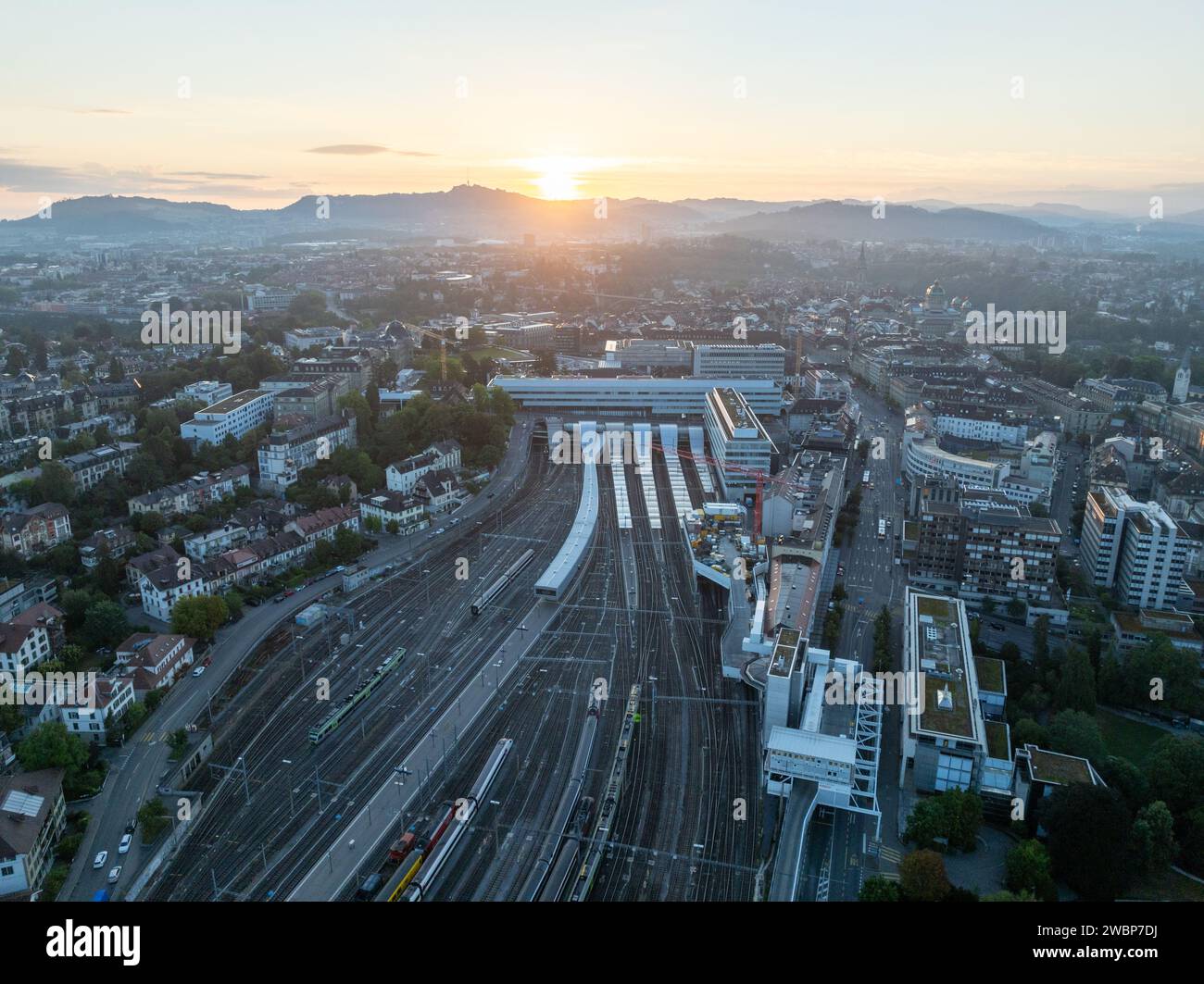 Bern, Switzerland - Aug 15, 2022: Aerial view of the tracks leading ...