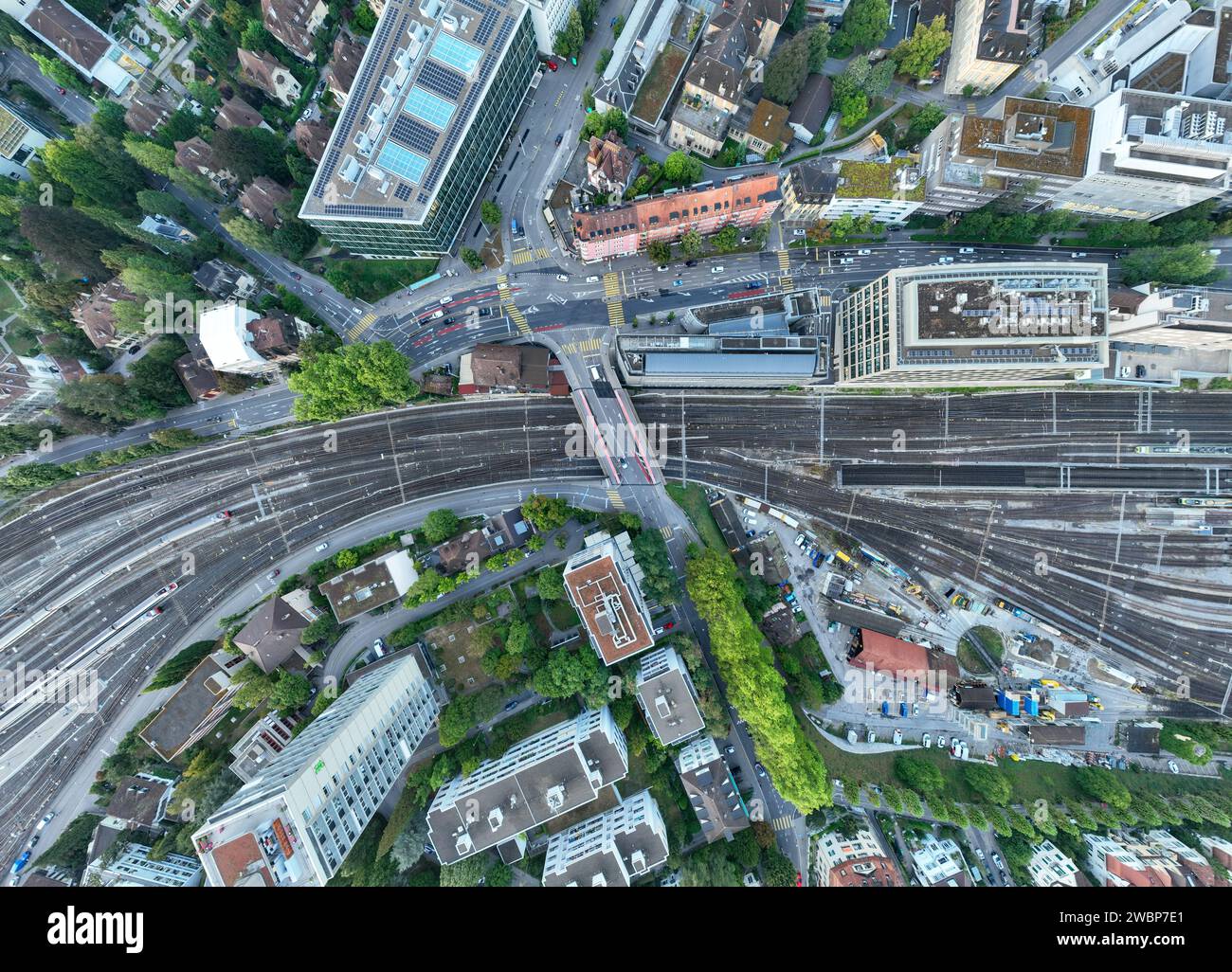 Aerial view of the tracks leading into the Bern Train Station in ...