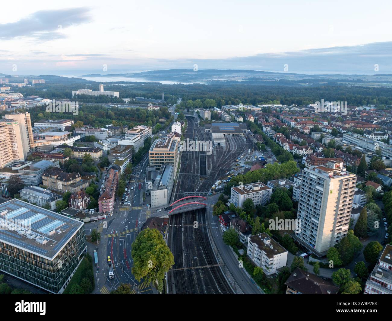 Aerial view of the tracks leading into the Bern Train Station in ...