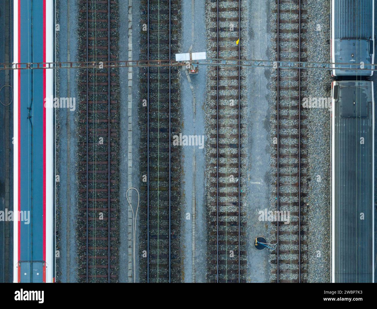 Aerial view of the tracks leading into the Bern Train Station in ...