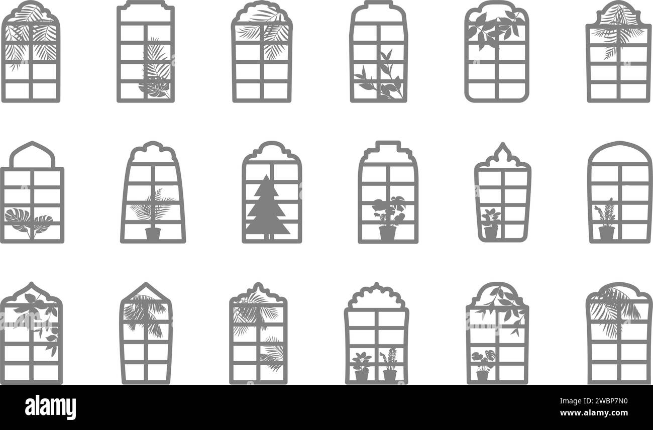 Vertical windows with indoor plants and palm leaves. Silhouettes of ...