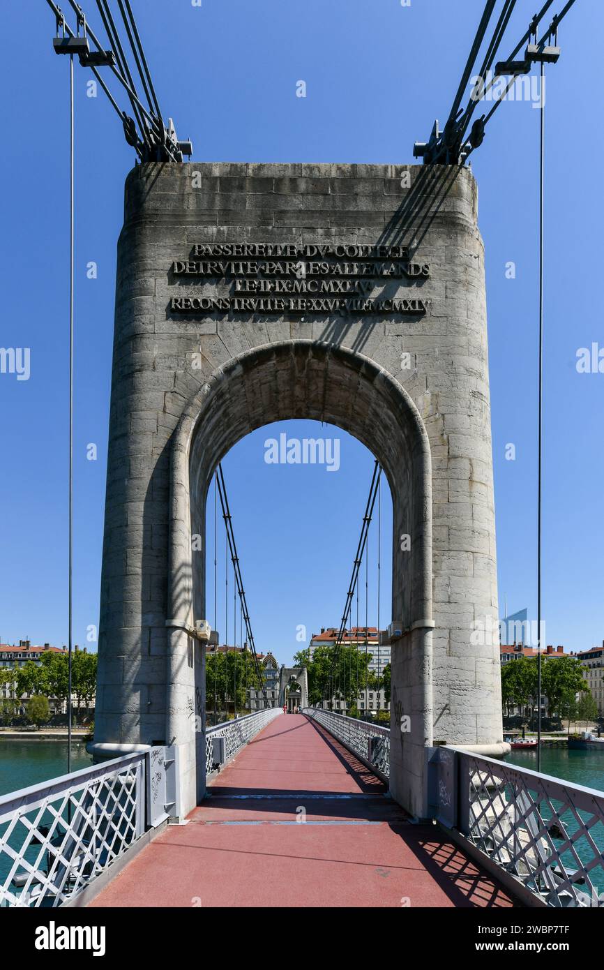 Old Passerelle du College bridge over Rhone river in Lyon, France Stock ...