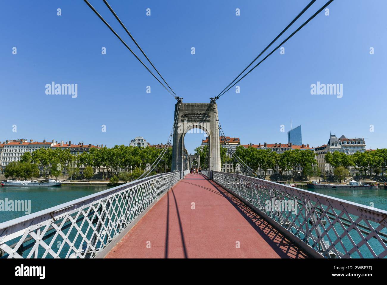 Old Passerelle du College bridge over Rhone river in Lyon, France Stock ...