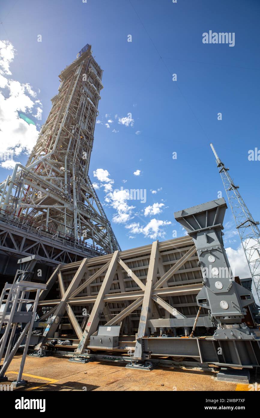 A view of the mobile launcher for the Artemis I mission at Launch Pad ...