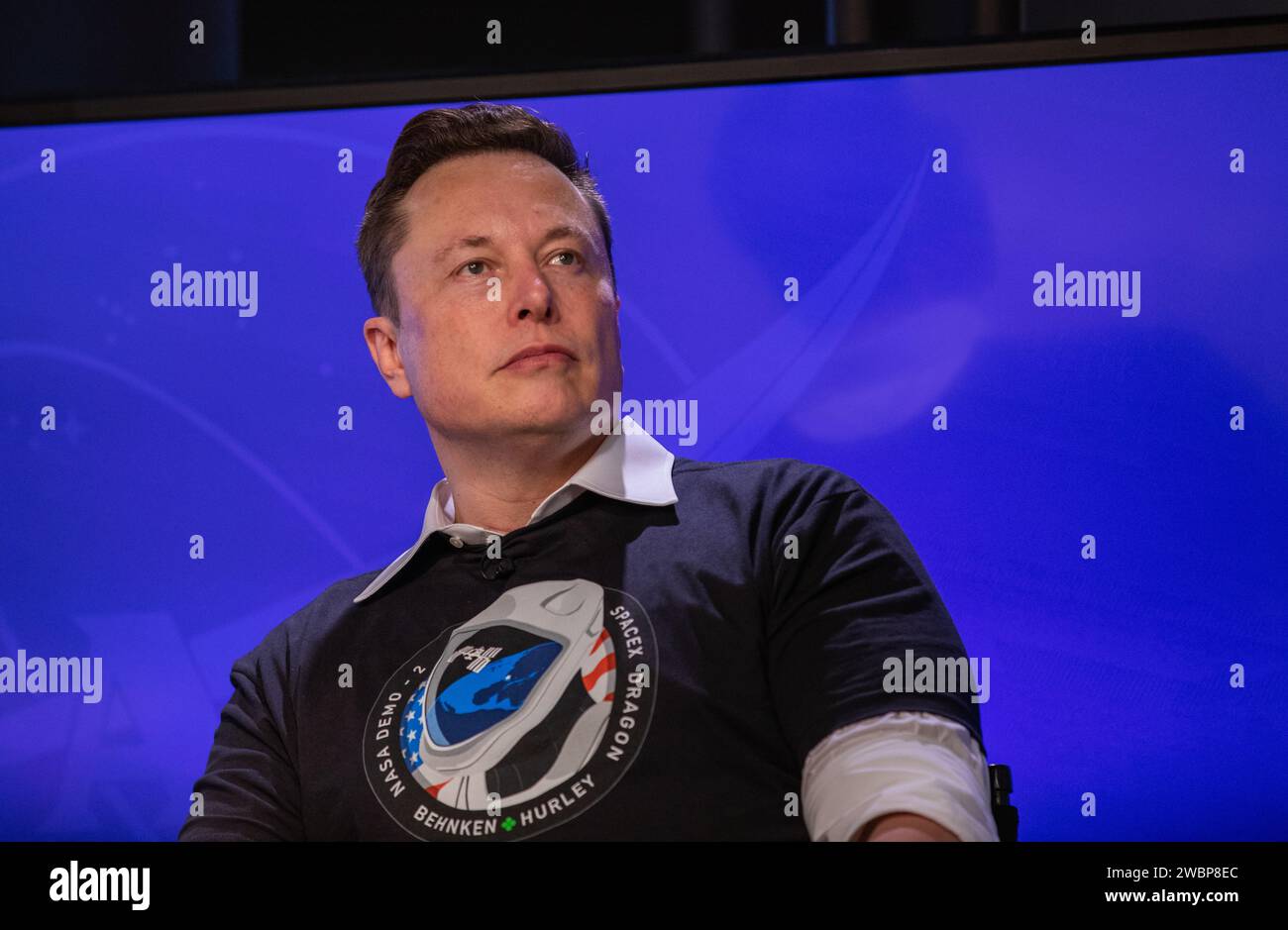 Chief Engineer of SpaceX Elon Musk participates in a postlaunch news ...