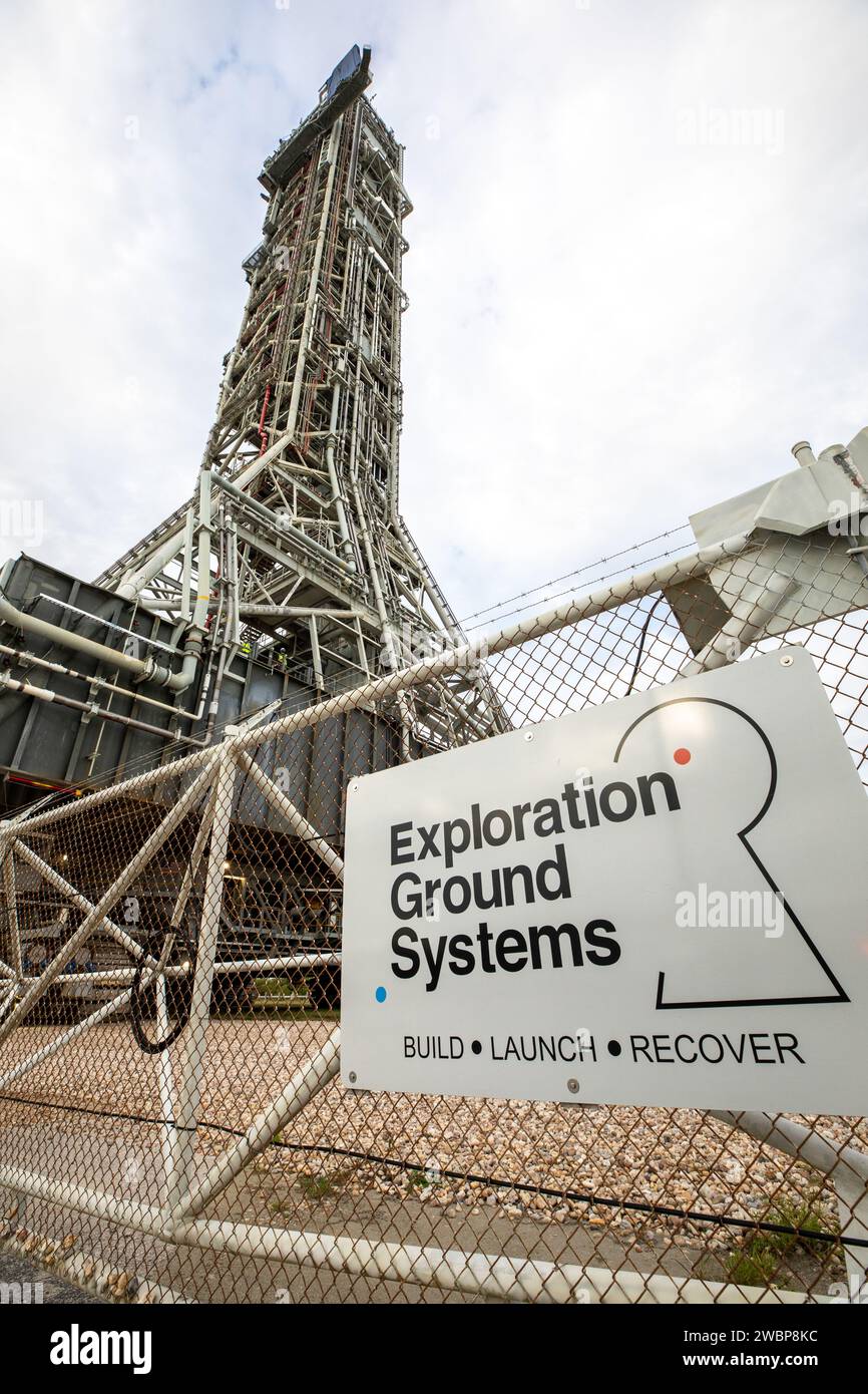 During sunrise on Oct. 20, 2020, the mobile launcher for the Artemis I ...