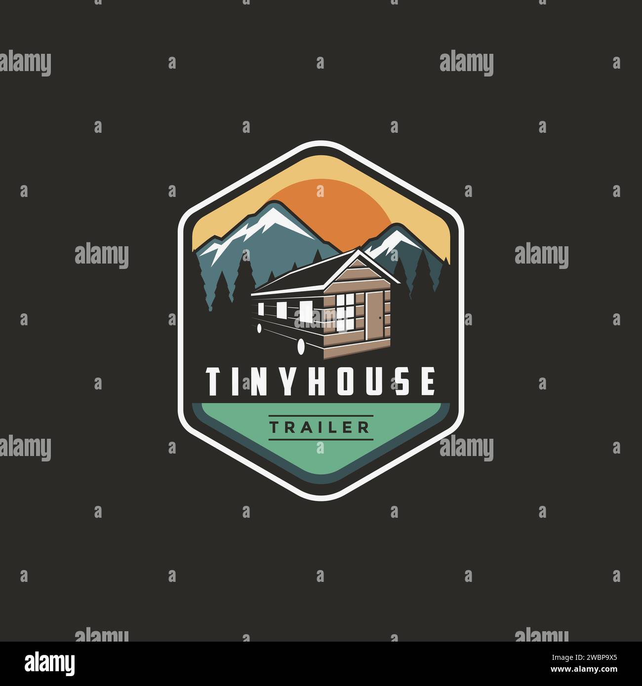 Emblem patch outdoor tiny house trailer logo vector illustration on ...