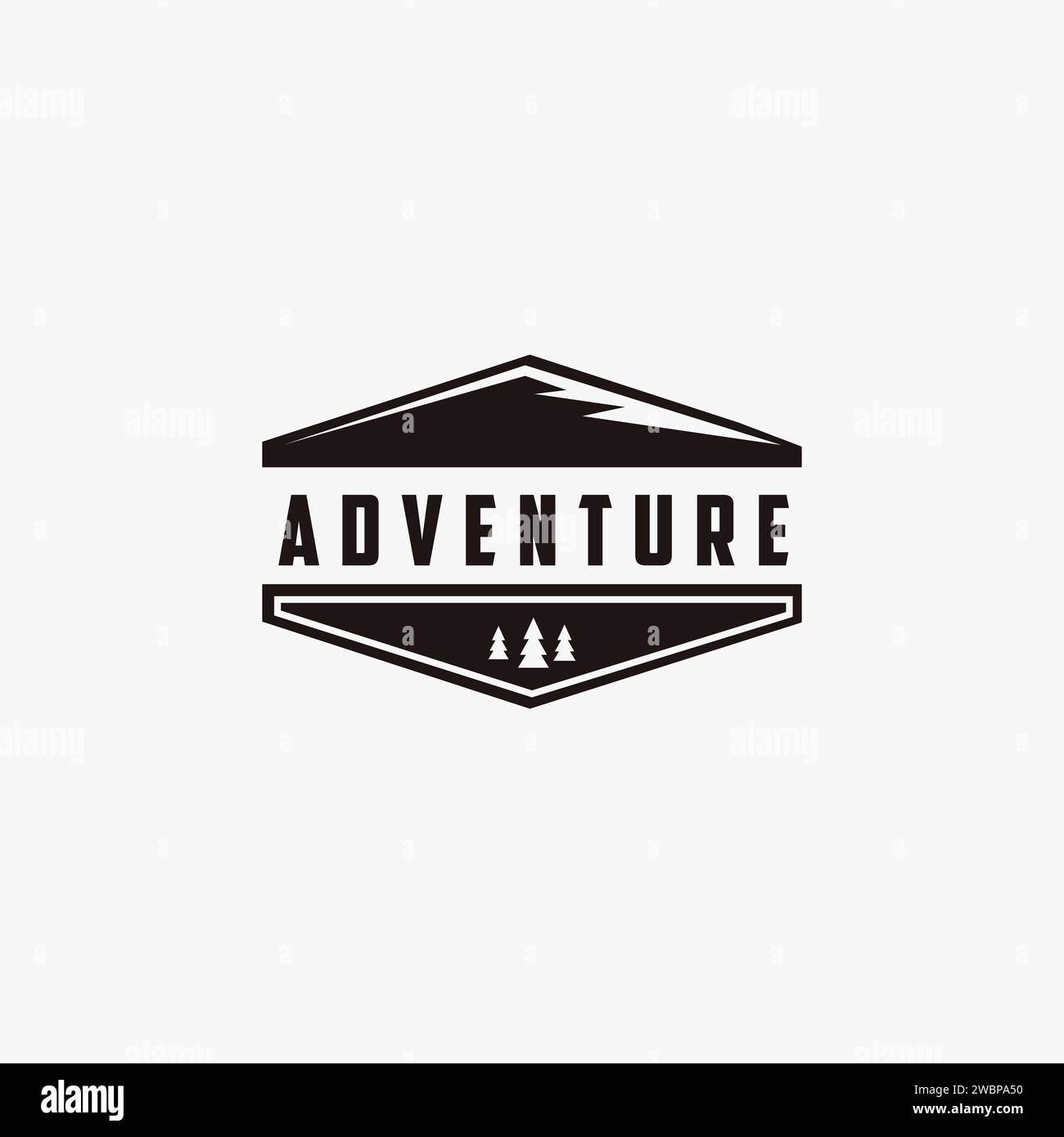 Minimalist outdoor adventure badge logo with pine trees and mountain ...