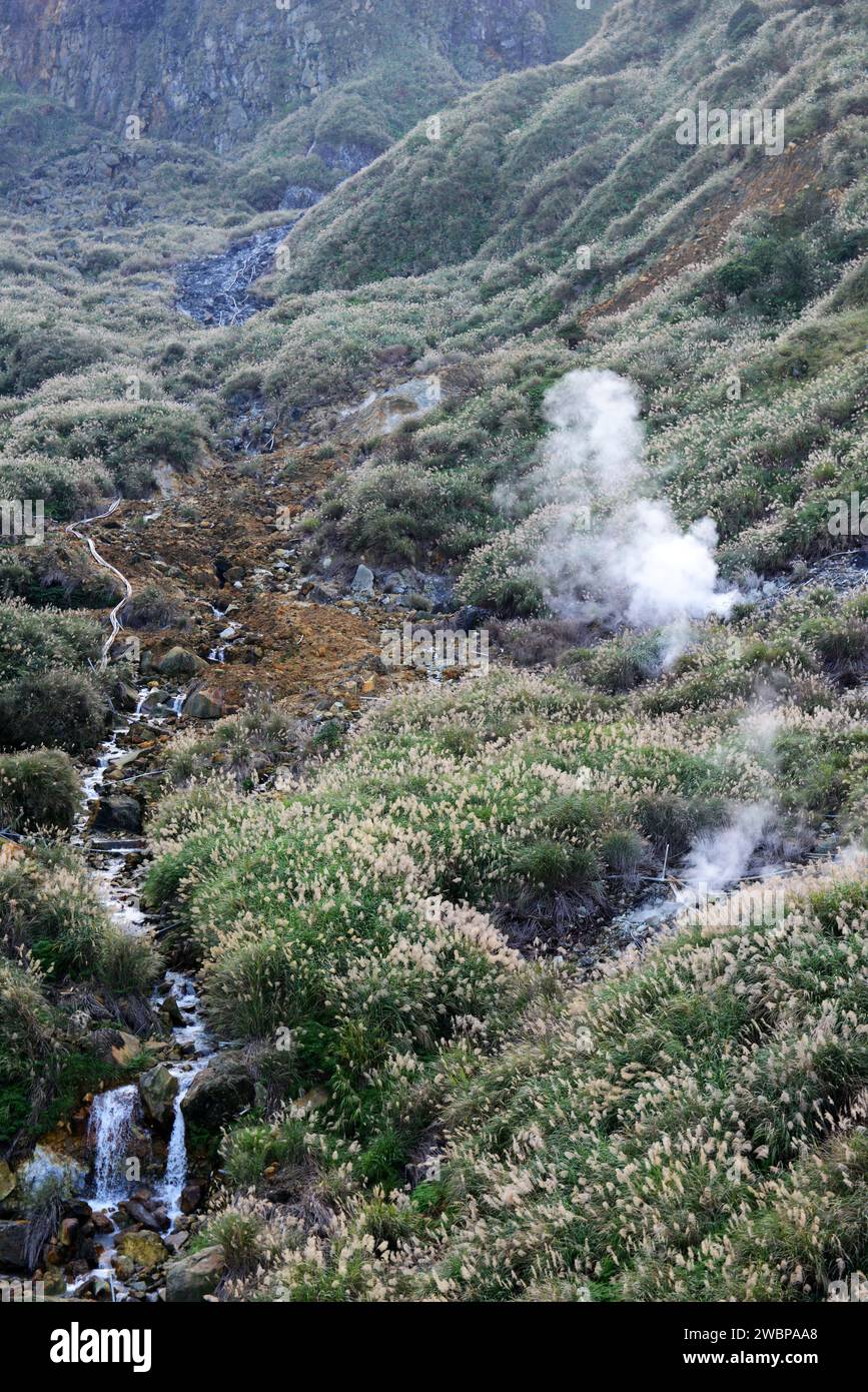 Sulphur steam erupting from the gound at Yangmingshan National Park in ...
