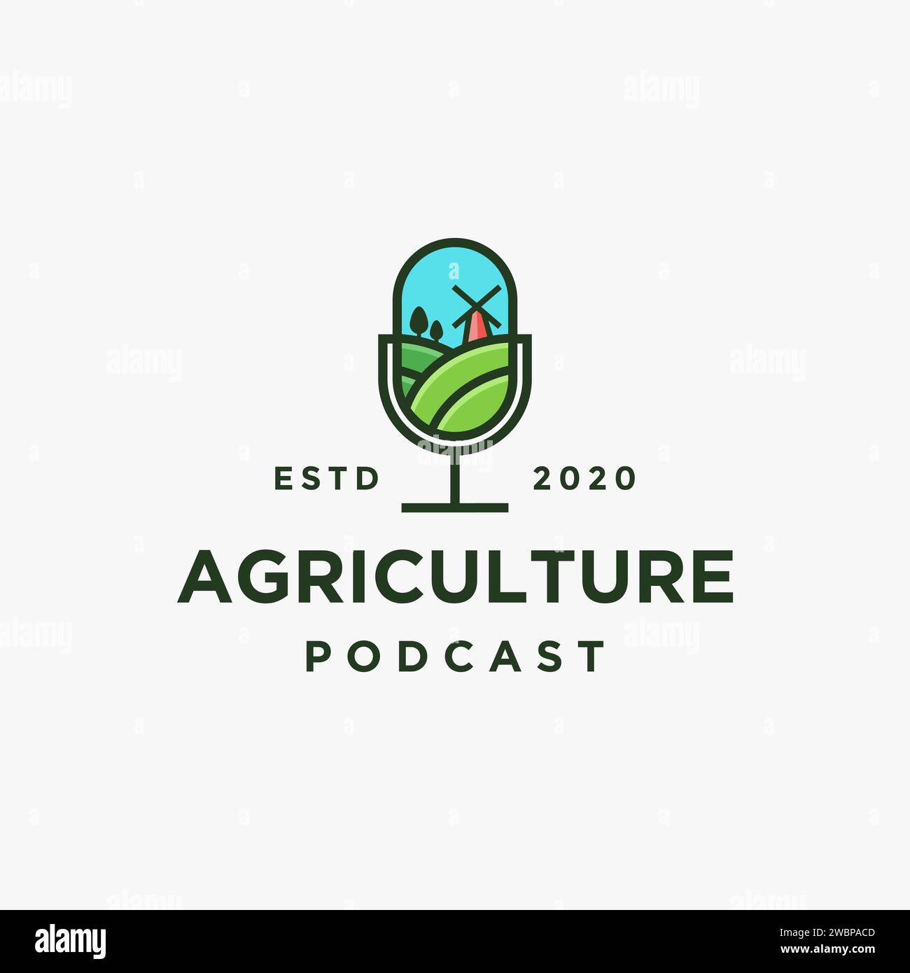 Minimalist microphone and farm landscape, agriculture podcast logo icon ...