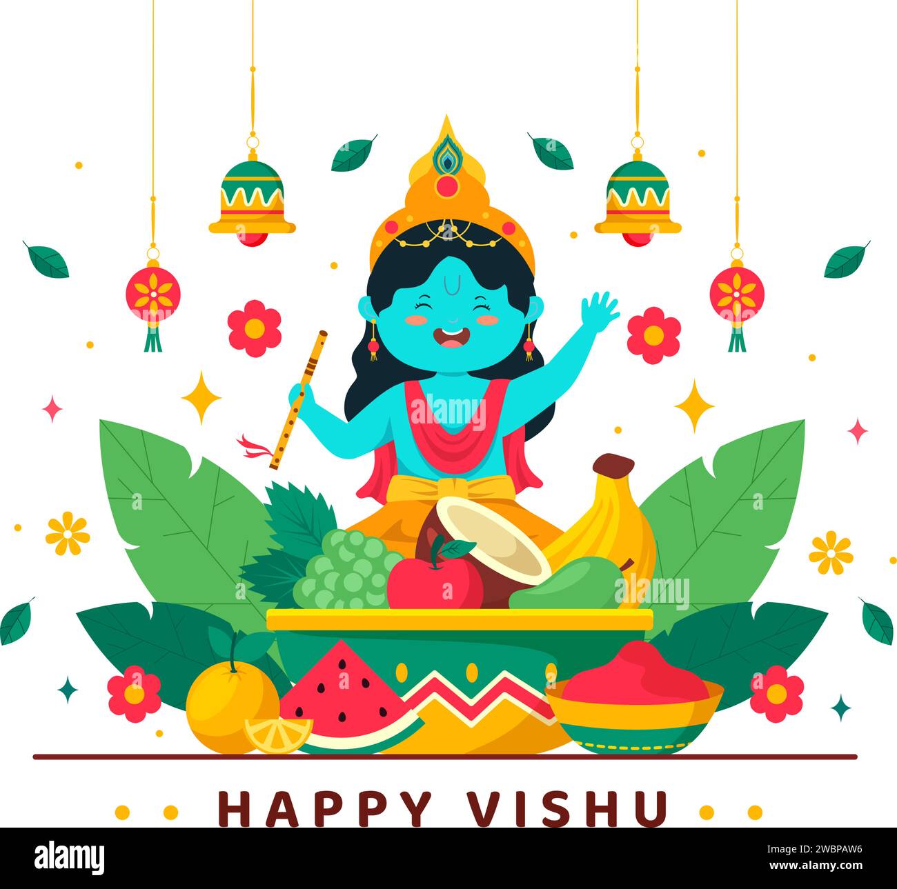 Happy Vishu Festival Vector Illustration with Krishna,Traditional ...