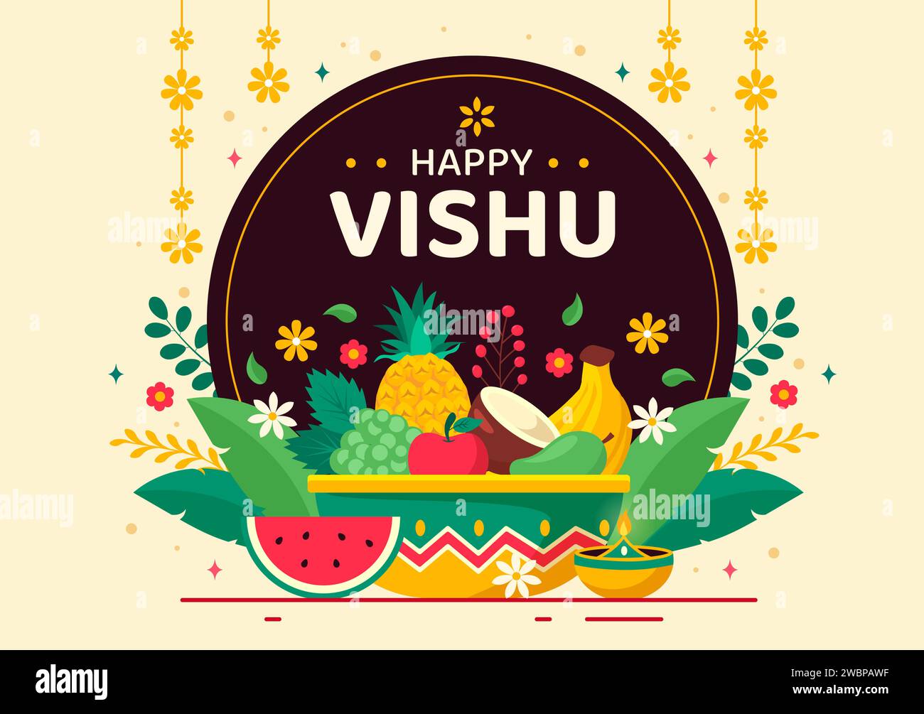Happy Vishu Festival Vector Illustration with Krishna,Traditional Kerala Kani, Fruits and ...