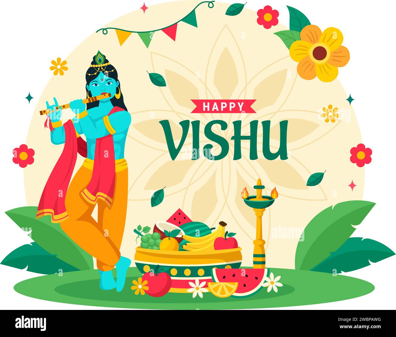 Happy Vishu Festival Vector Illustration with Krishna,Traditional ...