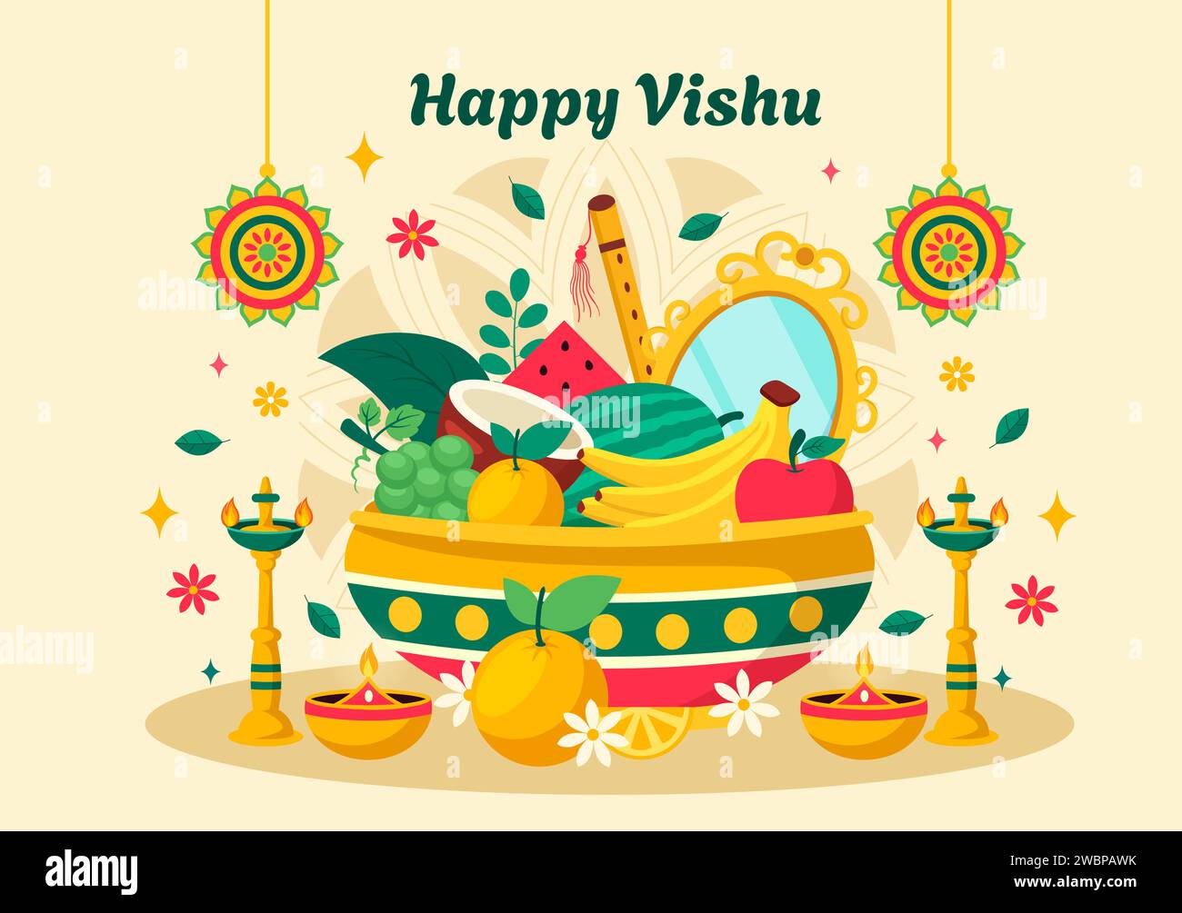 Happy Vishu Festival Vector Illustration with Krishna,Traditional Kerala Kani, Fruits and ...
