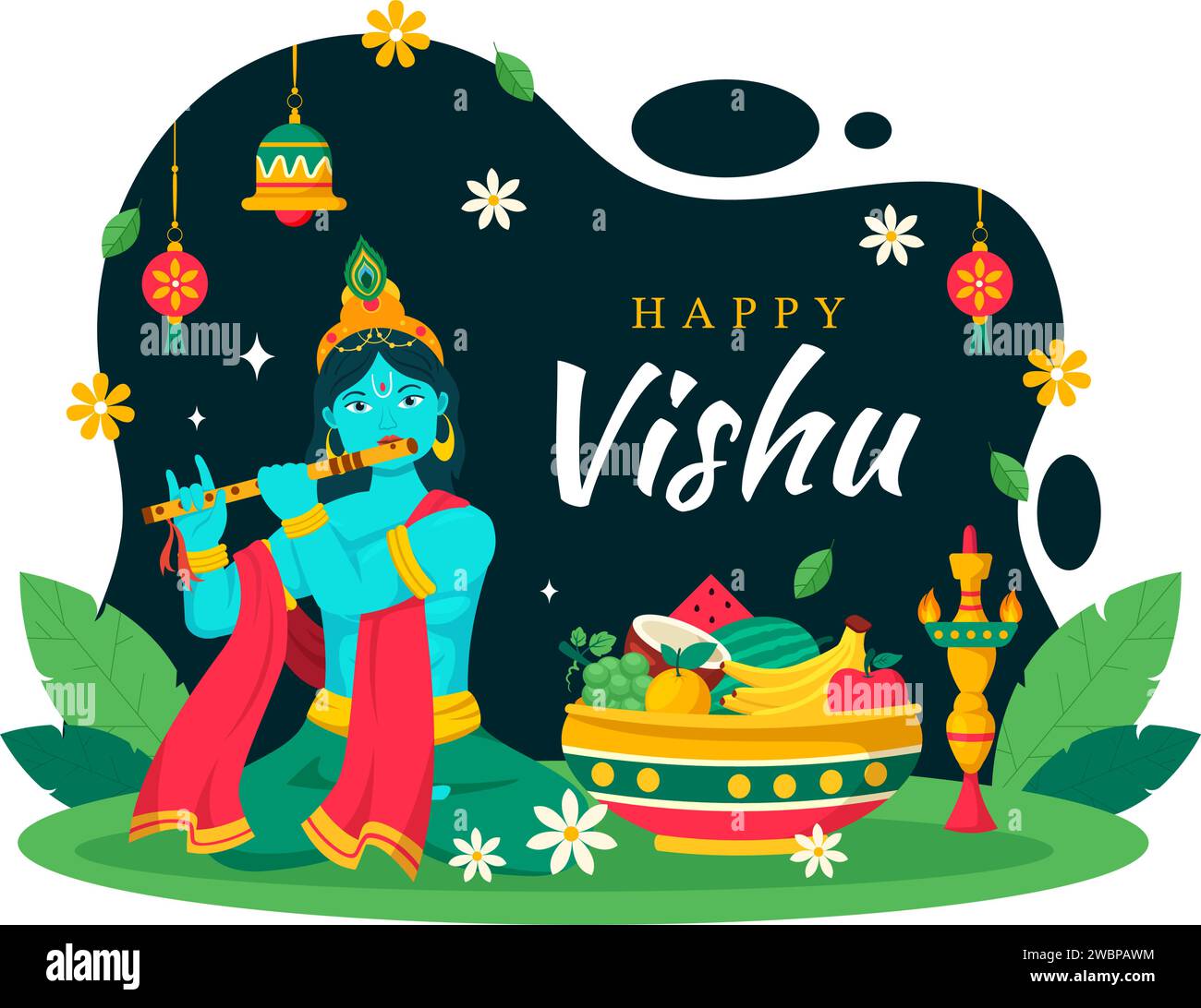 Happy Vishu Festival Vector Illustration with Krishna,Traditional ...