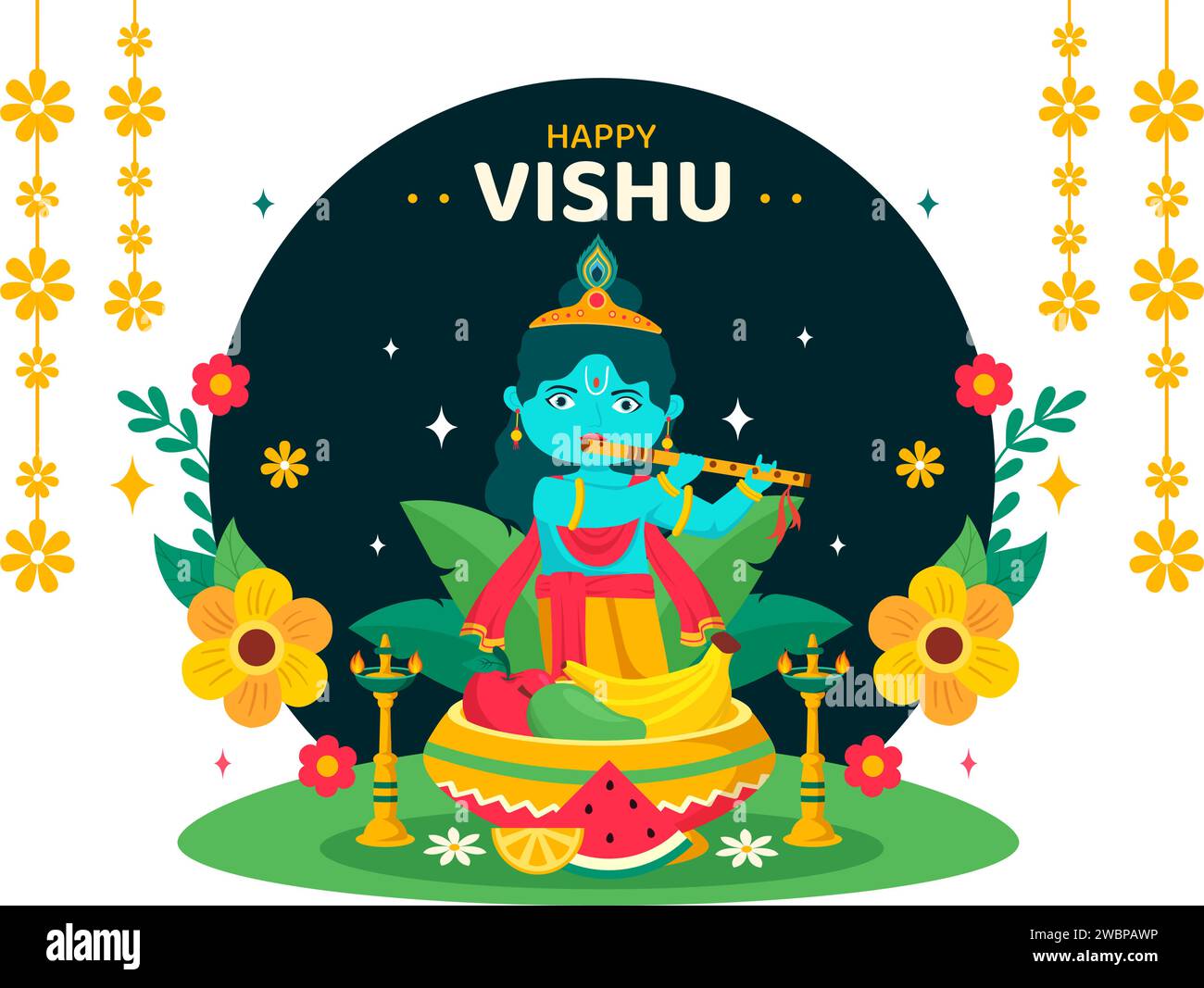 Happy Vishu Festival Vector Illustration with Krishna,Traditional ...
