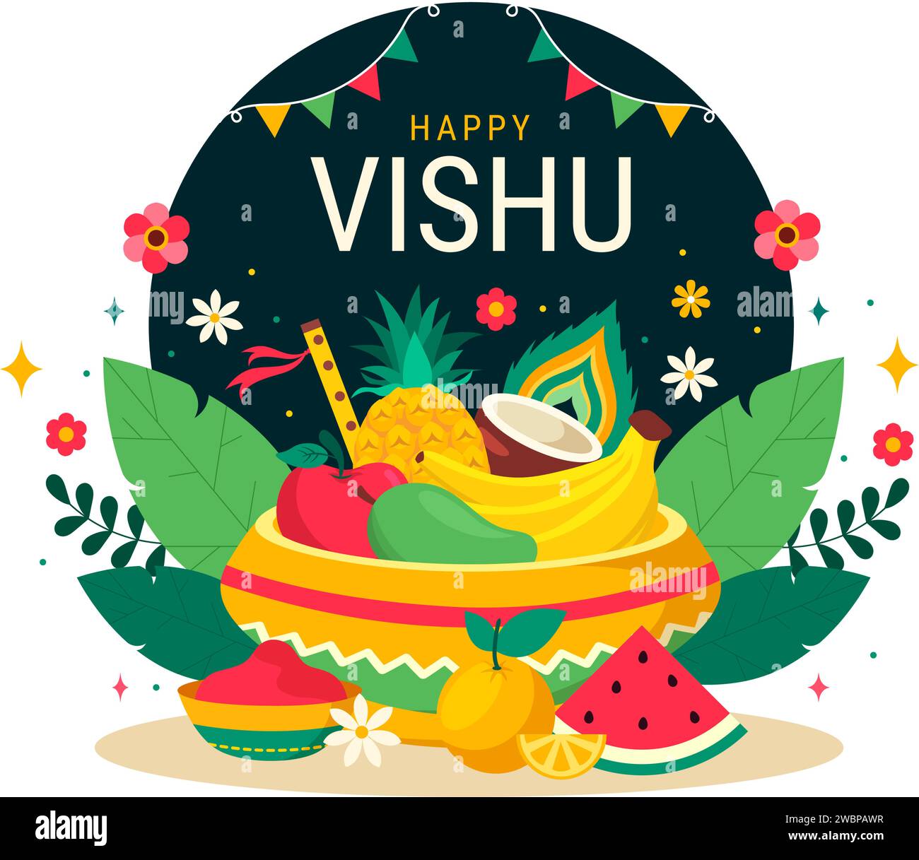 Happy Vishu Festival Vector Illustration with Krishna,Traditional ...