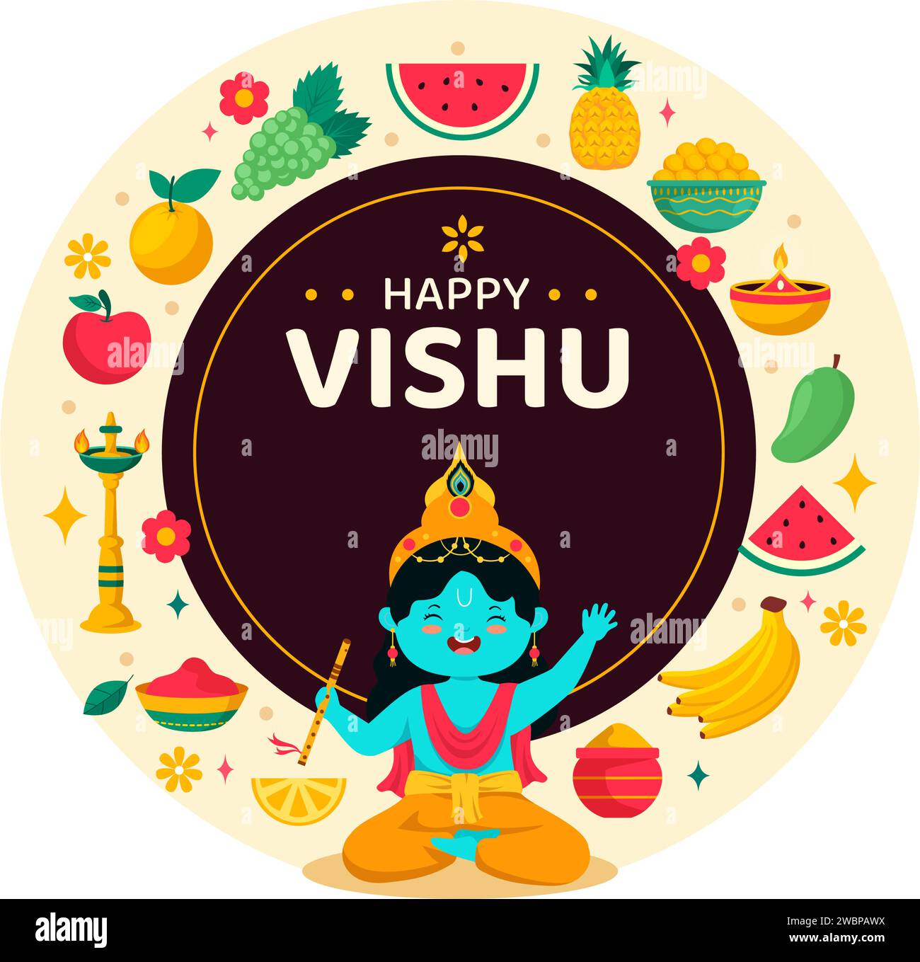 Happy Vishu Festival Vector Illustration with Krishna,Traditional ...
