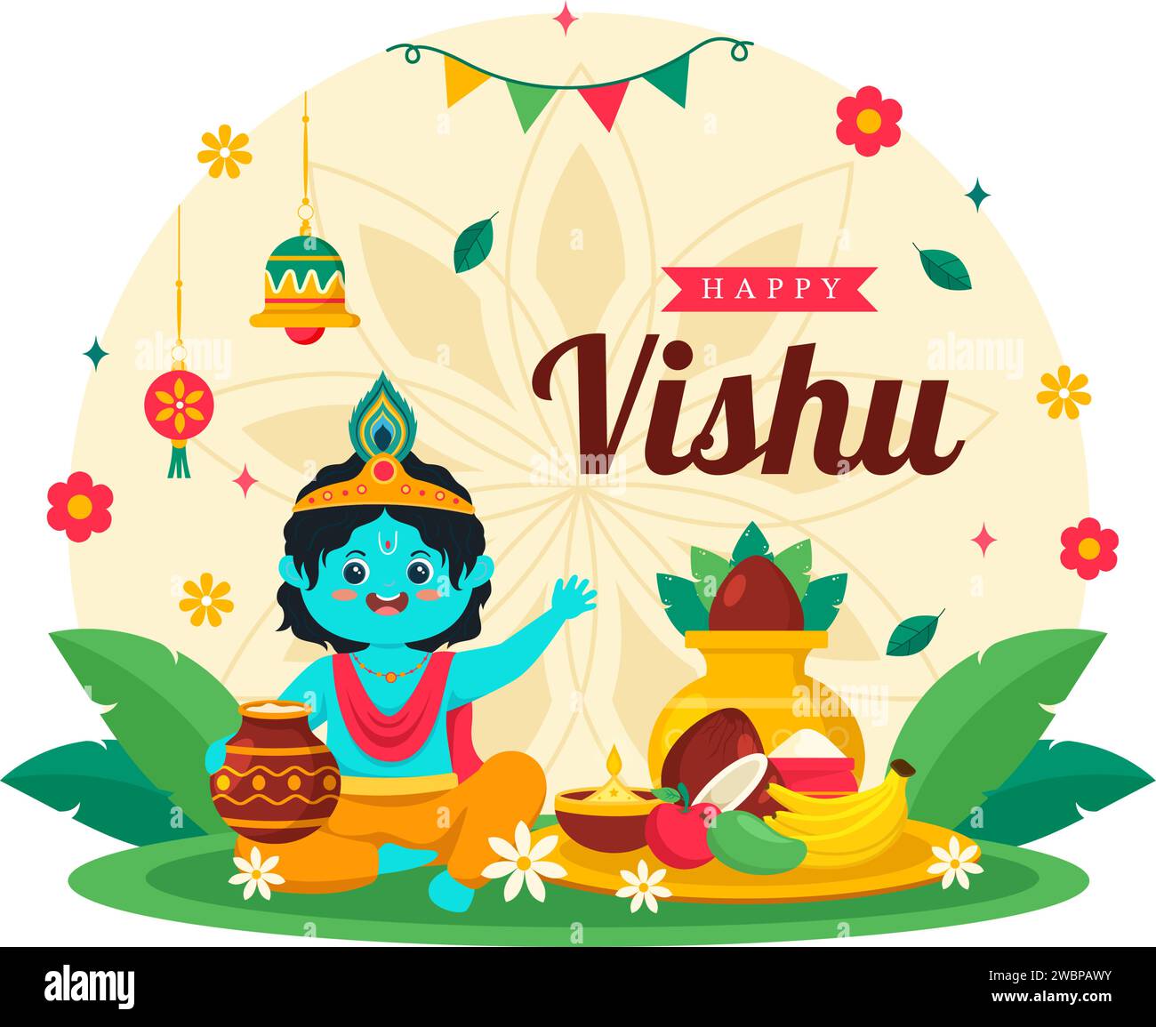 Happy Vishu Festival Vector Illustration with Krishna,Traditional ...
