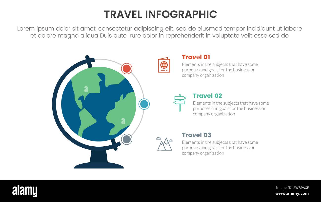 travel holiday infographic with 3 point stage template with big globe ...