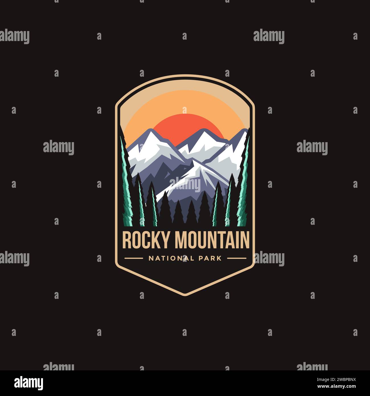 Emblem patch logo illustration of Rocky Mountain National park on dark ...