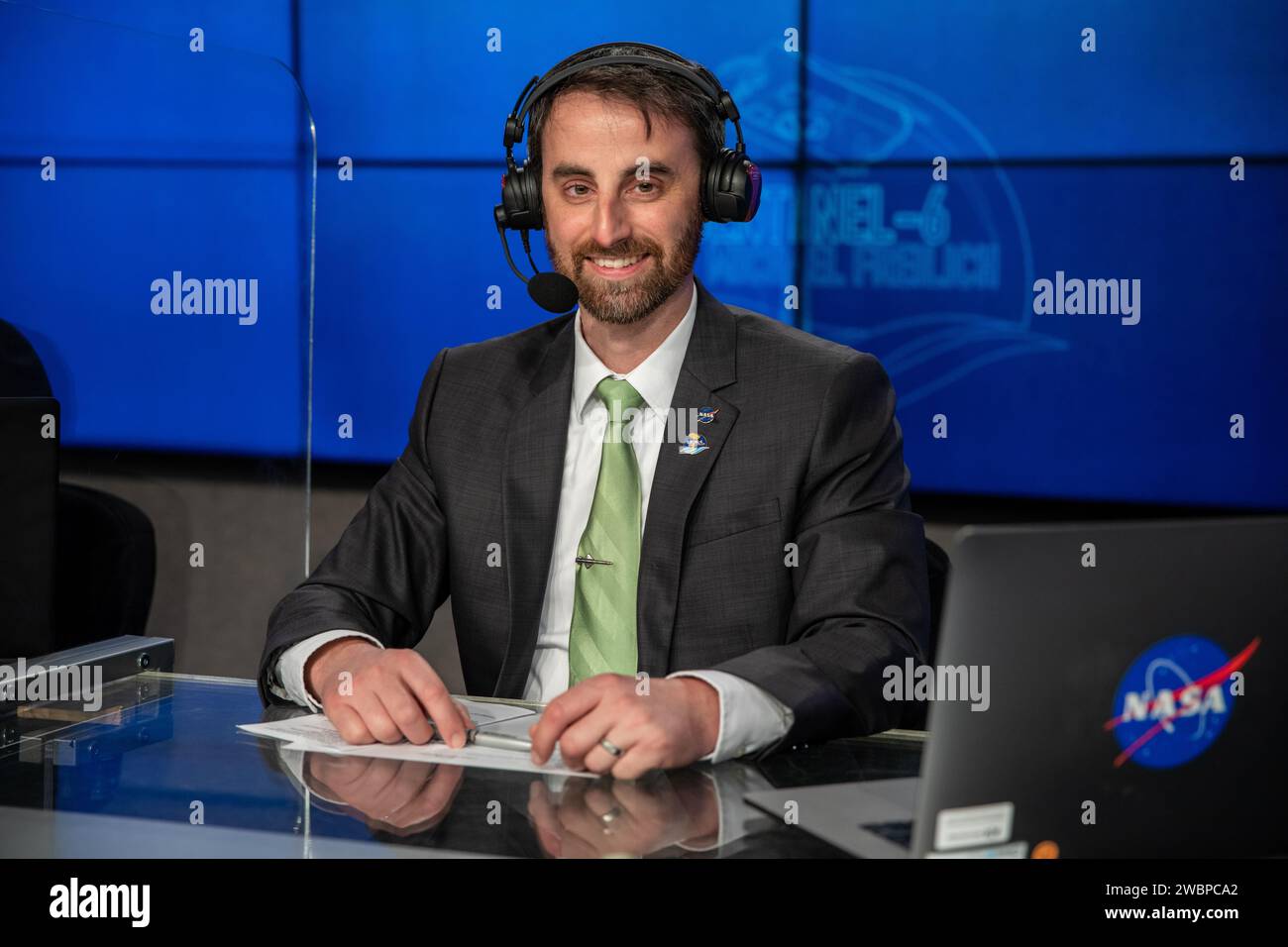 NASA Launch Commentator Joshua Santora participates in the launch ...