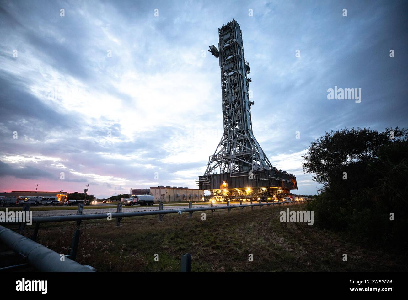 During sunrise on Oct. 20, 2020, the mobile launcher for the Artemis I ...