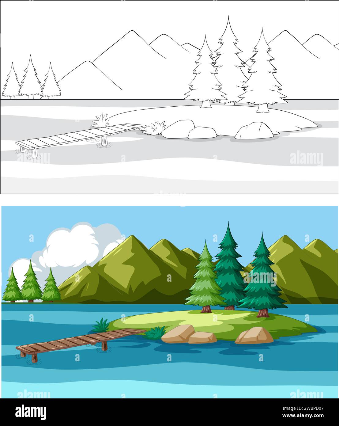 Vector illustration of a peaceful lakeside landscape Stock Vector Image ...