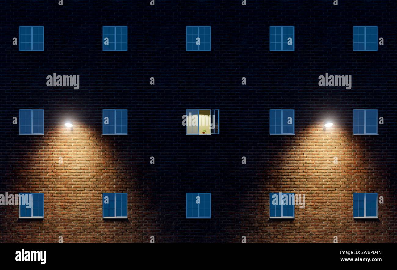 The light is on in one open window of a large multi-story residential ...