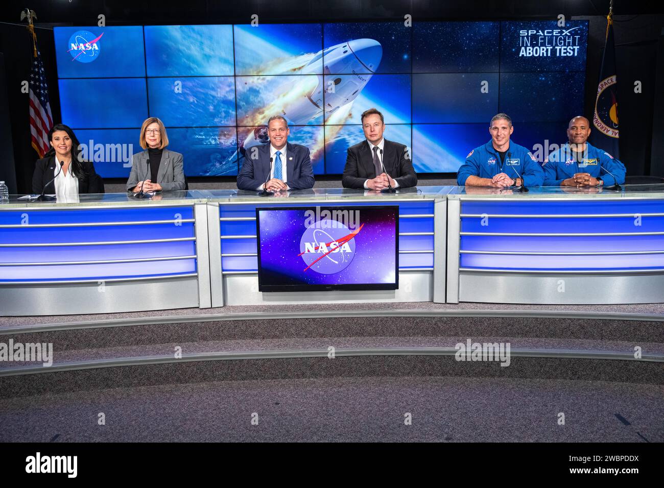 Officials from NASA and SpaceX participate in a briefing at the agency ...