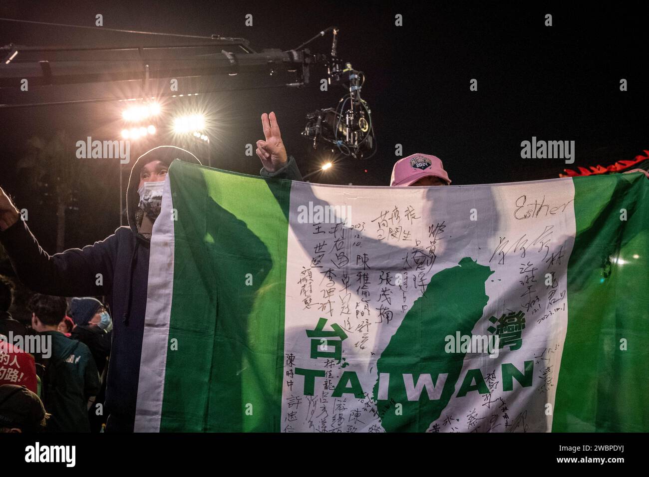 Taiwan, Jan 11, 2024. Supporters holding the Taiwan flag signed with ...