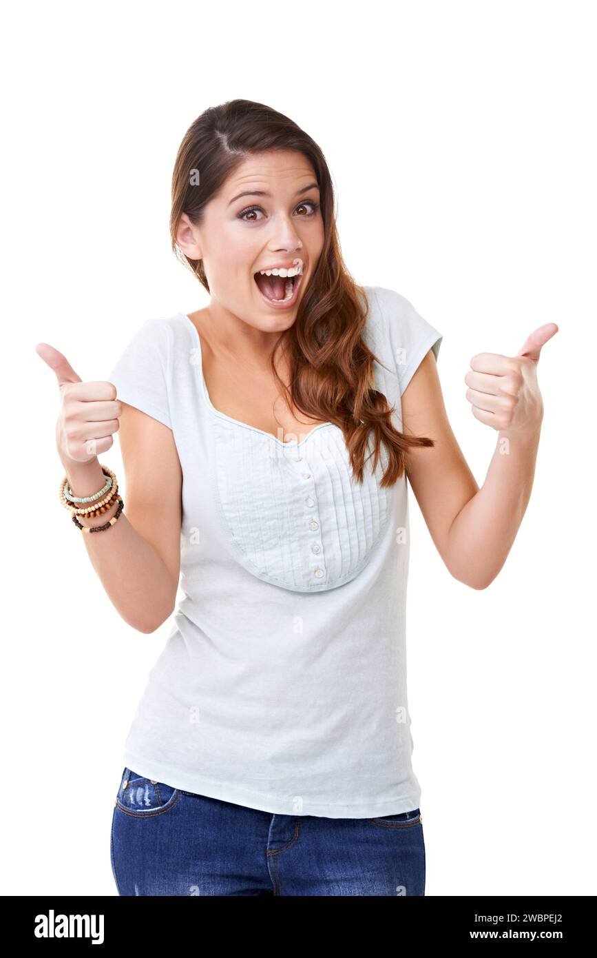 Portrait, thumbs up and motivation with woman and surprise, wow smile ...