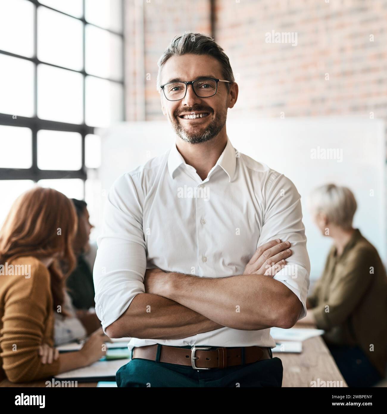 Portrait, manager and man with arms crossed, startup success and teamwork with partnership. Face ...