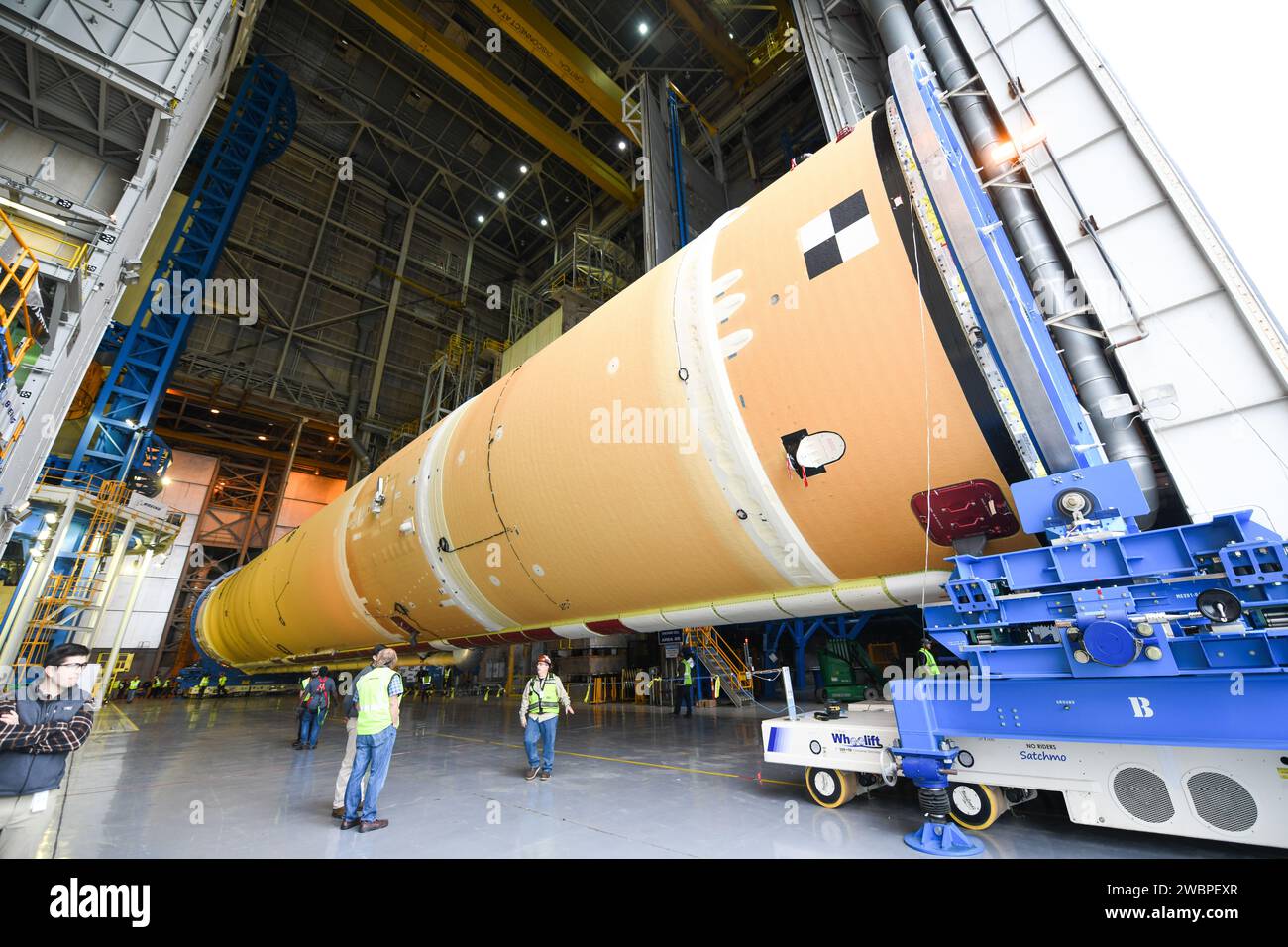 The SLS core stage, equipped with four RS-25 engines, was moved to ...