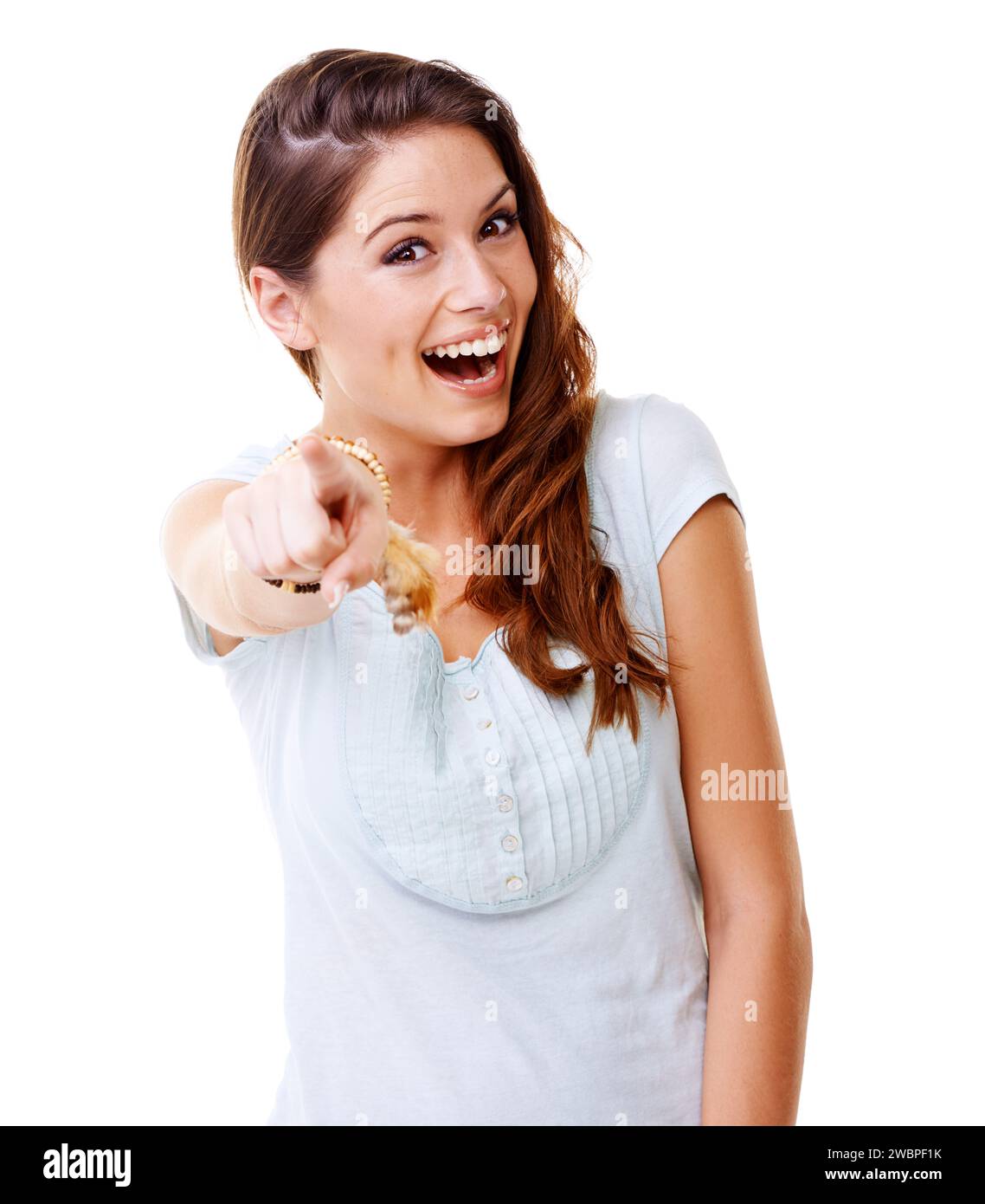 Laugh, bullying and woman pointing with smile in studio on white ...