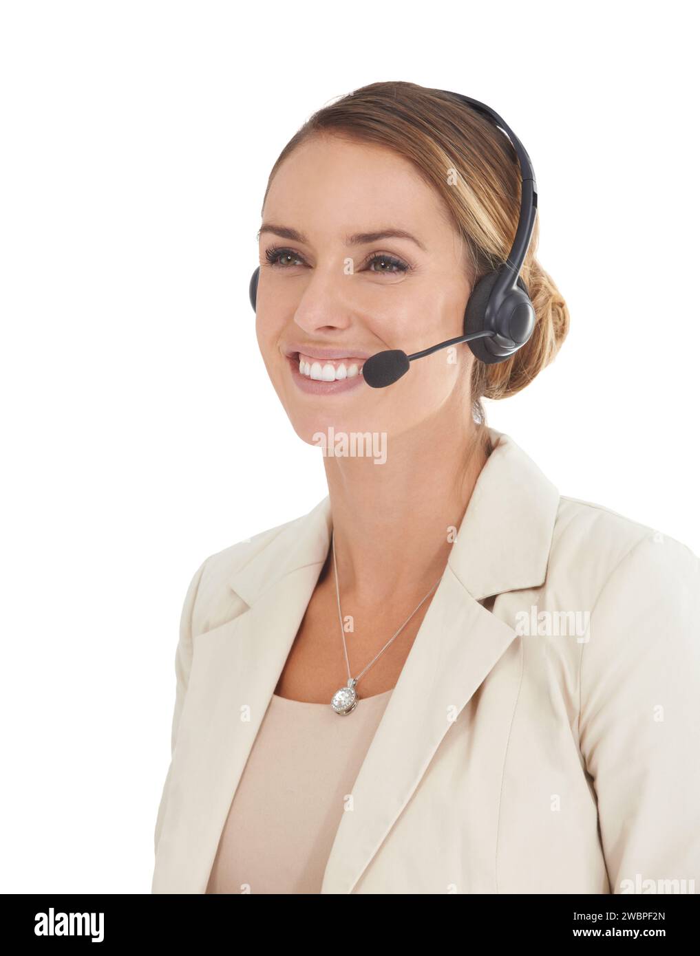 Call center, smile and consulting with woman in studio for ...