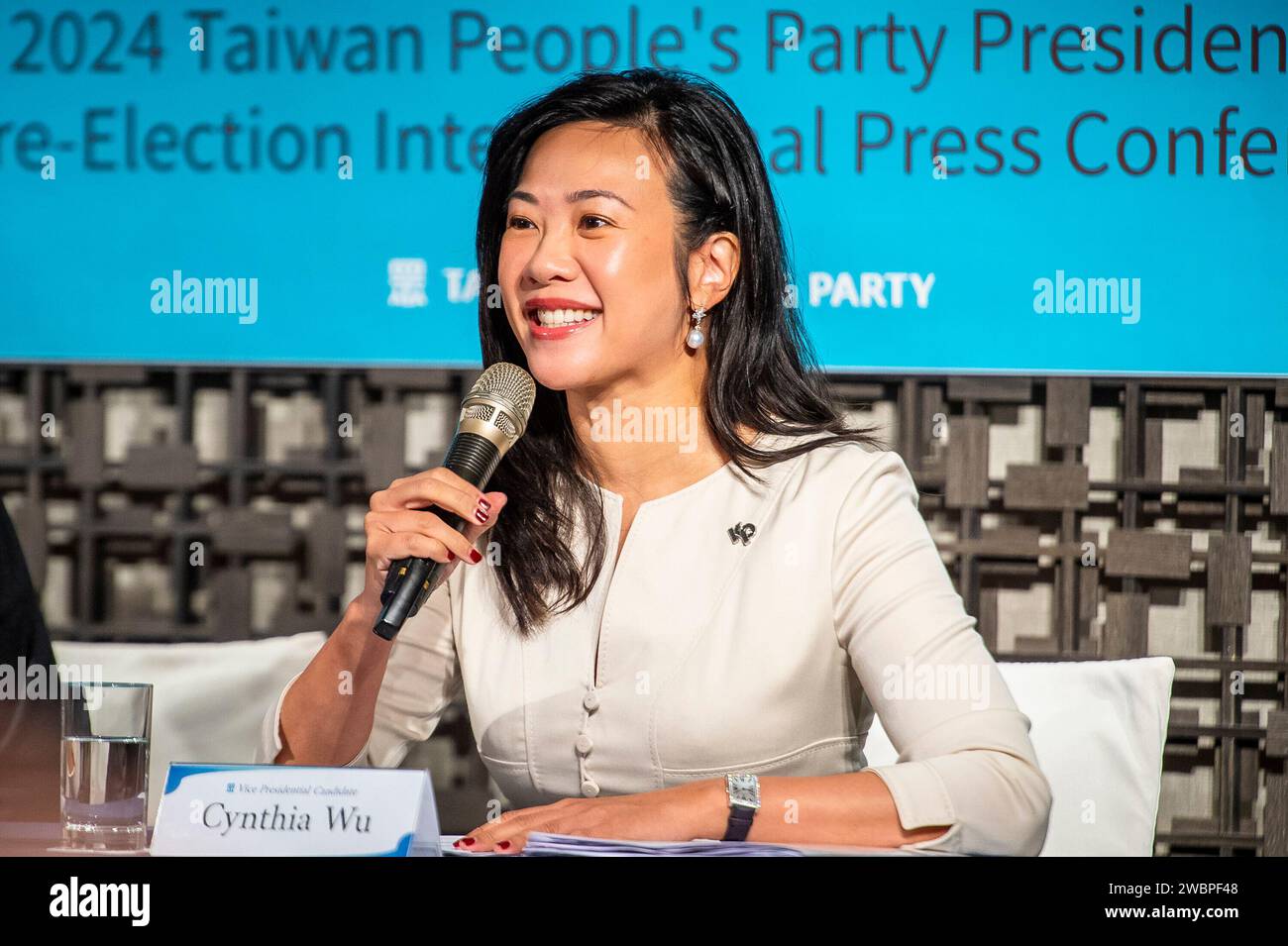 Taipei. 12th Jan, 2024. Vice president candidate Cynthia W holds the ...