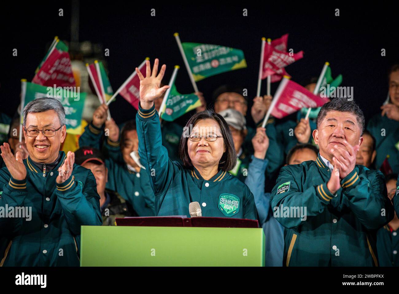 Taiwan, Jan 11, 2024. Taiwan President Tsai Ing-wen waved her hand to ...