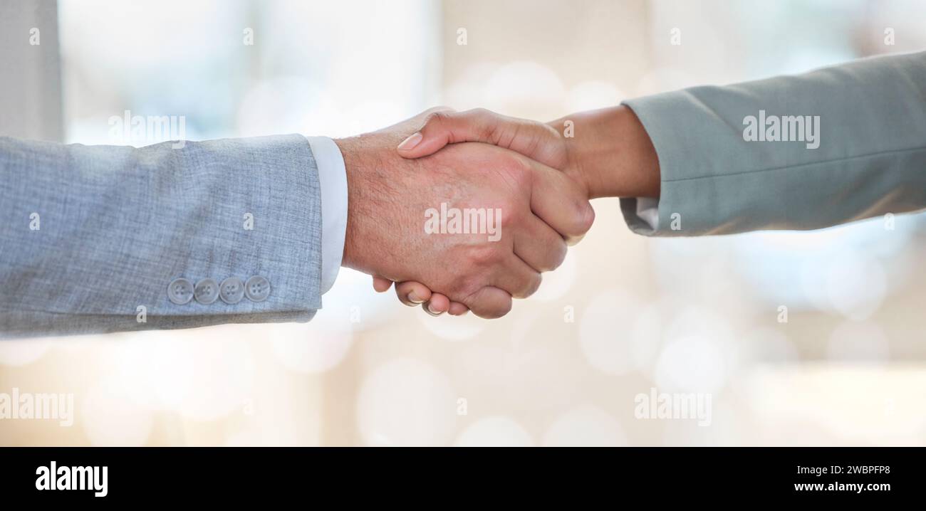Handshake, deal and business people with a welcome meeting, thank you ...